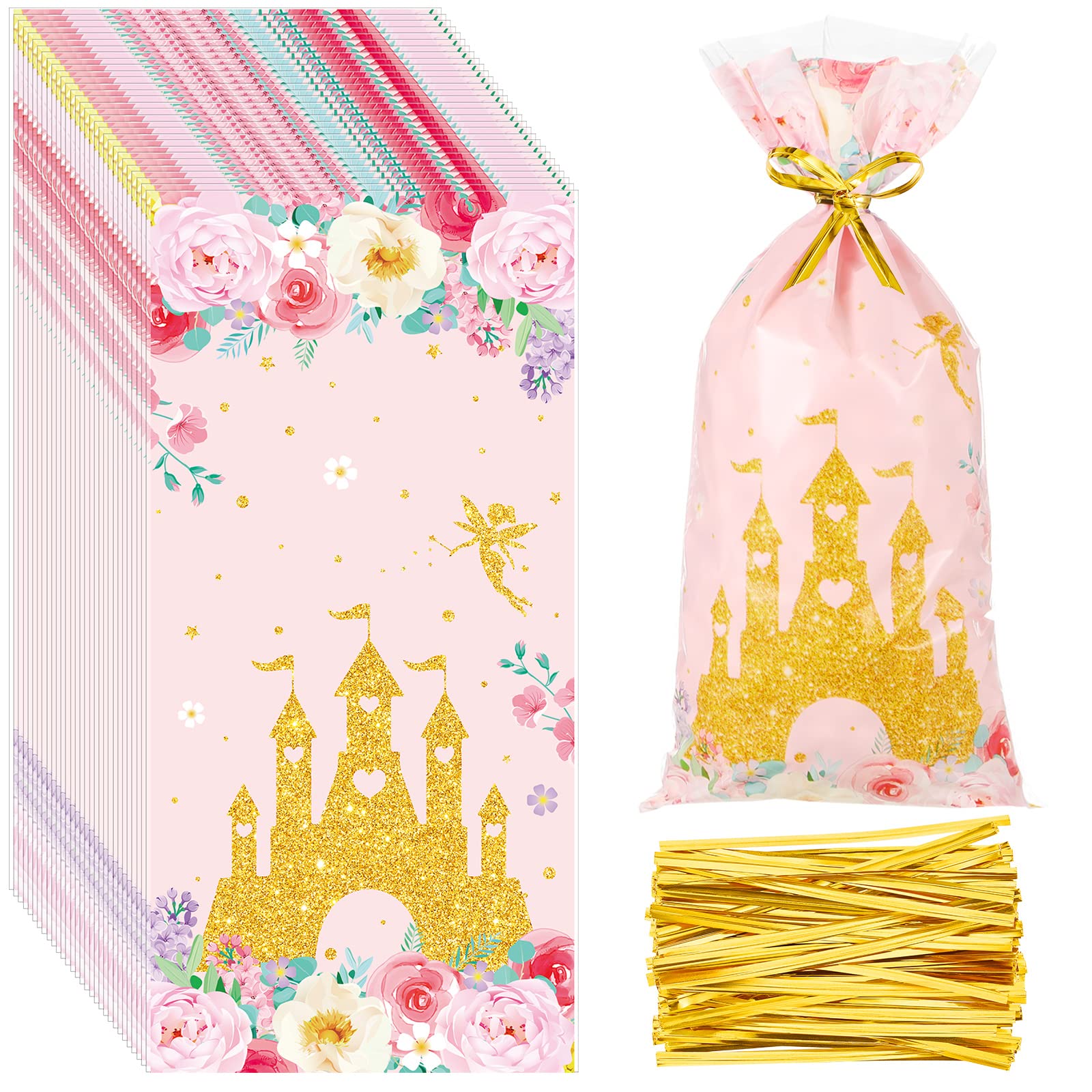 Leinuosen 100 Pcs Princess Theme Cellophane Treat Bags with Ties Castle Floral Fairy Princess Party Favor Bags Pink Plastic Candy Bags Cookie Bags Favor Gift Bag for Princess Birthday Party Supplies