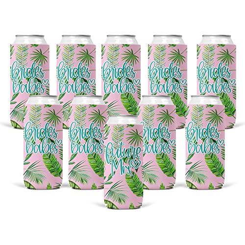 Bride and Brides Babes Hugger Set of 10, Can Cooler Sleeves- Bridal Shower Cooler Sleeves for Bridesmaids and Bride To Be Hugger, Skinny Bachelorette Coozies, 12oz, Slim Can Hugger Bachelorette