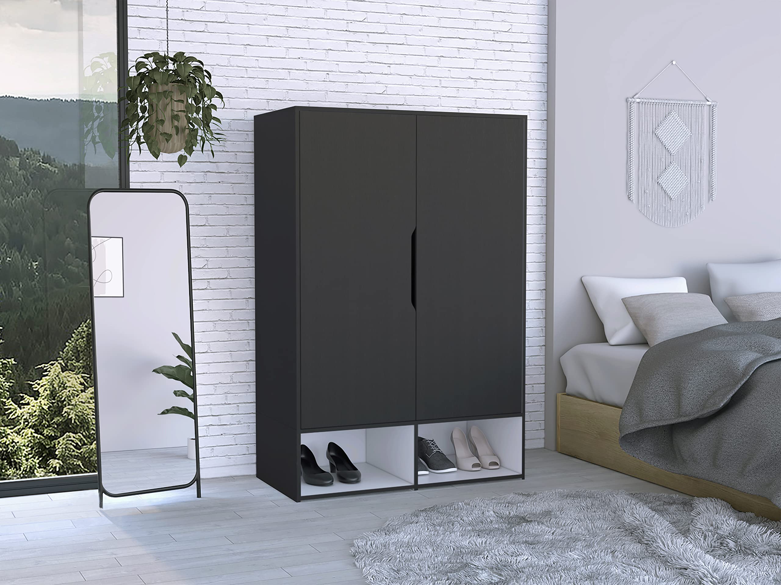 Bamboo Armoire with Double Door Cabinets, 6 Inner Shelves, 2 Open Shelves, and Hanging Rod, Black/White