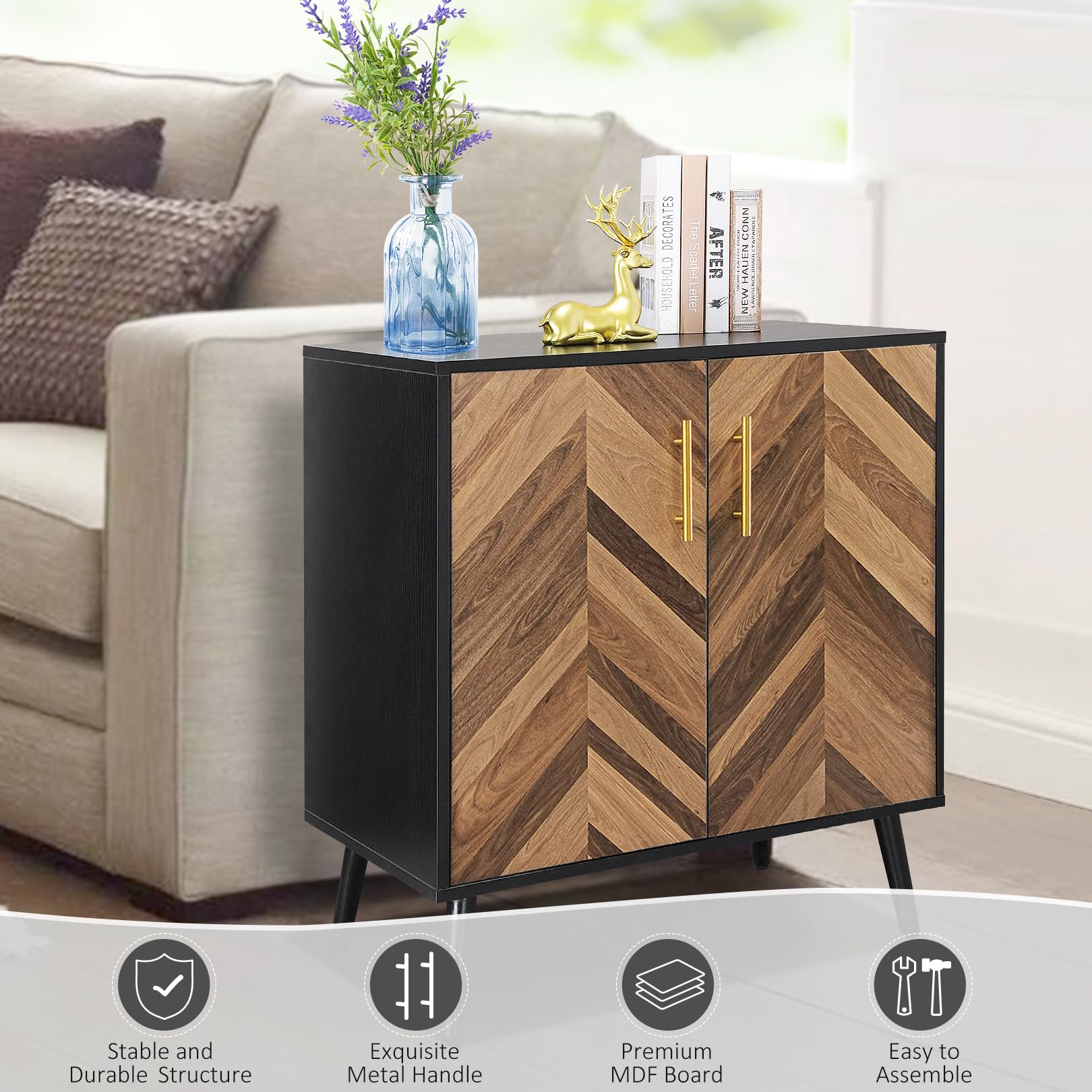 AMZOOM Accent Cabinet, Black Storage Cabinet with Doors Mid Century Modern Sideboard Buffet Cabinet with Storage Shelves Small Wood Accent Cabinets for Living Room Entryway Office, Brown Herringbone