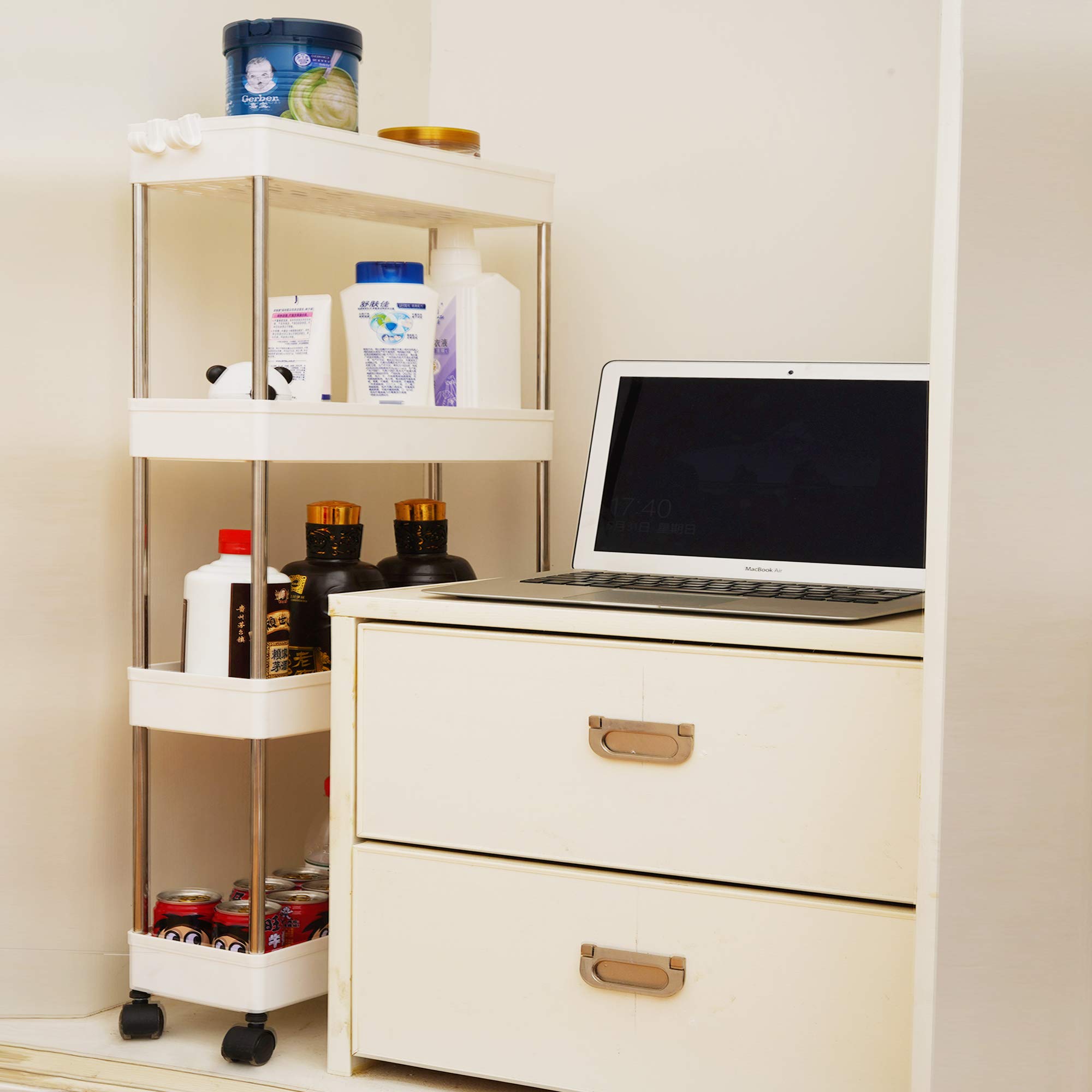 4 Tier Slim Storage Cart, Mobile Narrow Rolling Cart with Wheels, Conveniently Slide Out Organizer Shelf Cart for Kitchen Bathroom Pantry Laundry Narrow Space - Plastic (White)…