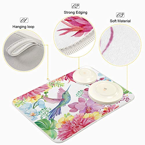 Bird Hummingbird Flowers Orchids Butterfly Dish Drying Mat 24"x18" Absorbent Machine Washable Hanging Fast Dry Pad Dish Protective Mat for Kitchen Countertop Heat Resistant Dinner Table Mat