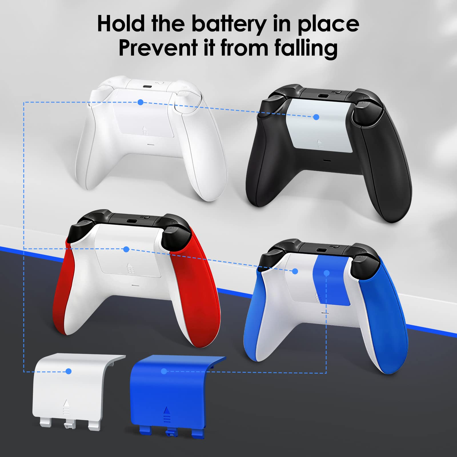 Battery Cover for Xbox Core Controller, Replacement Battery Back Door Lid for Xbox Series X & Wireless Controller, Batteries Caps Shell Repair Part for Xbox Series S Remote Pack of 4 (Blue +White