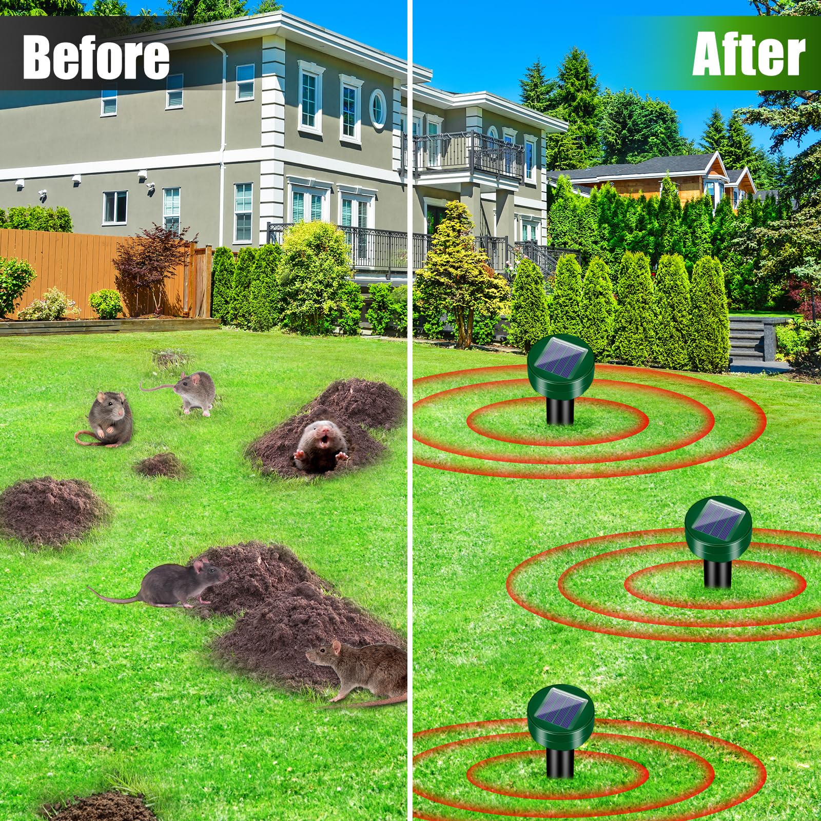 8 Pack Solar Mole Repellent Stakes 2024 Ultrasonic Animal Repellent Outdoor Solar Powered Waterproof Sonic Burrowing Mole Deterrent Spike for Mole Vole Groundhog Gopher Armadillo Snake for Yard Lawn