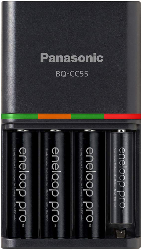 Eneloop Panasonic BK-3HCCA4BA pro AA High Capacity Ni-MH Pre-Charged Rechargeable Batteries, 4 Pack, Black & BQ-CC55KSBHA Advanced pro Rechargeable Battery 4 Hour Quick Charger, Black