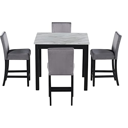 Bellemave 5-Piece Counter Height Dining Table Set Kitchen Table Set with 1 Faux Marble Dining Table and 4 Upholstered-Seat Chairs Square Dining Room Set of 4 for Kitchen, Dining Room (Grey)