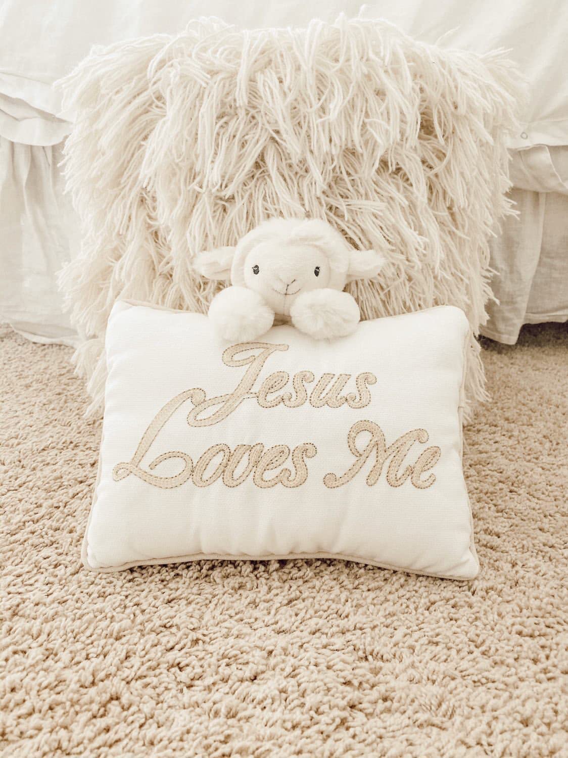 Mon Ami "Jesus Loves Me" Lamb Designer Plush Throw Pillow – 11x8”, Baby Christening Gift, Religious Gift, Dedication, Baptism Gift, Cute Room Décor