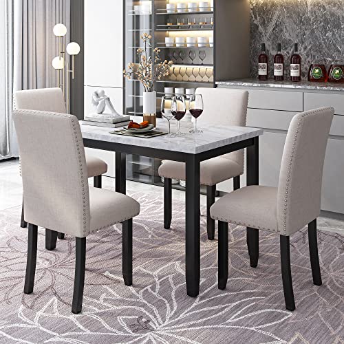 Bellemave Dinner Table Set for 4 5 Piece Dining Table Set Faux Marble Modern Kitchen Table and Chairs Dining Room Sets for 4 Rectangular Table with Chairs Dinette Set for 4, White/Beige+Black