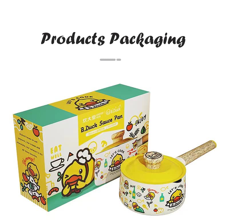 Cooker King x B. Duck 6 inch Milk Pot with Lid, Non-Stick Sauce Pan, Yellow Duck Pattern Small Cookware with Wood Handle-Yellow & White