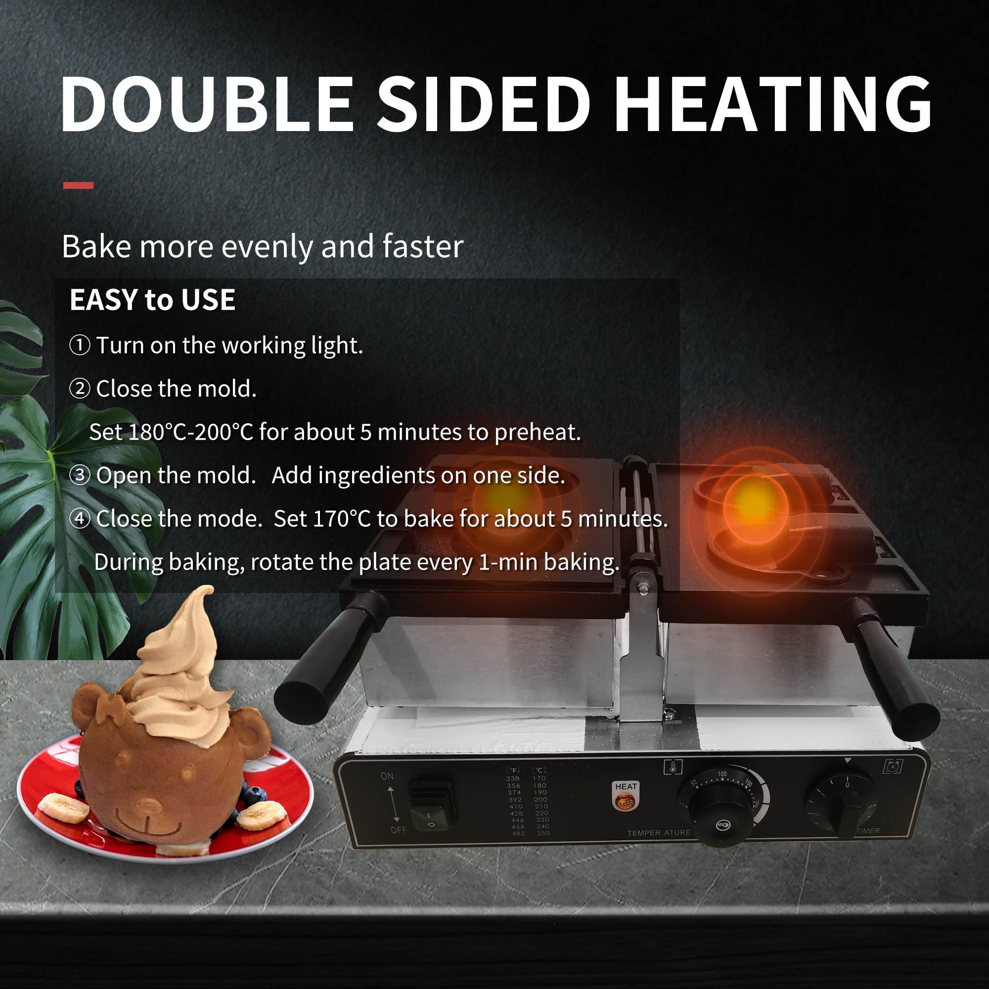 Generic Yovtekc 2PCS Open Mouth Bear Shaped Waffle Maker, Electric Ice Cream Bear Waffle Maker, Commercial Waffle Maker Machine for Restaurant Snack Bar, Non-Stick Inner 1600W 110V, 35*41*32cm