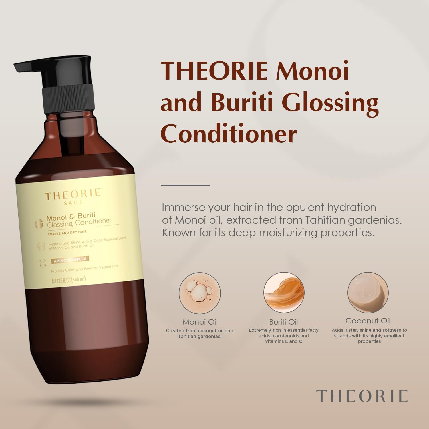 Theorie Monoi and Buriti Glossing Conditioner - Hydrate & Shine - Suited for Coarse and Dry Hair - Protects Color & Keratin Treated Hair, Pump Bottle 800mL