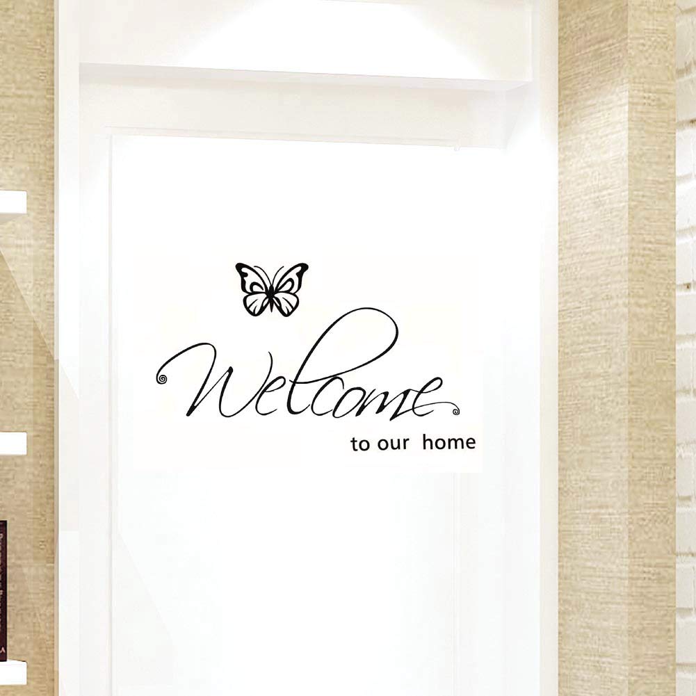 BIBITIME Flying Black Butterfly Saying Welcome to Our Home Front Door Sign Decal Vinyl Letters Quotes Stickers for Christmas Living Room Porch Garden,DIY 27.95" x 10.23"