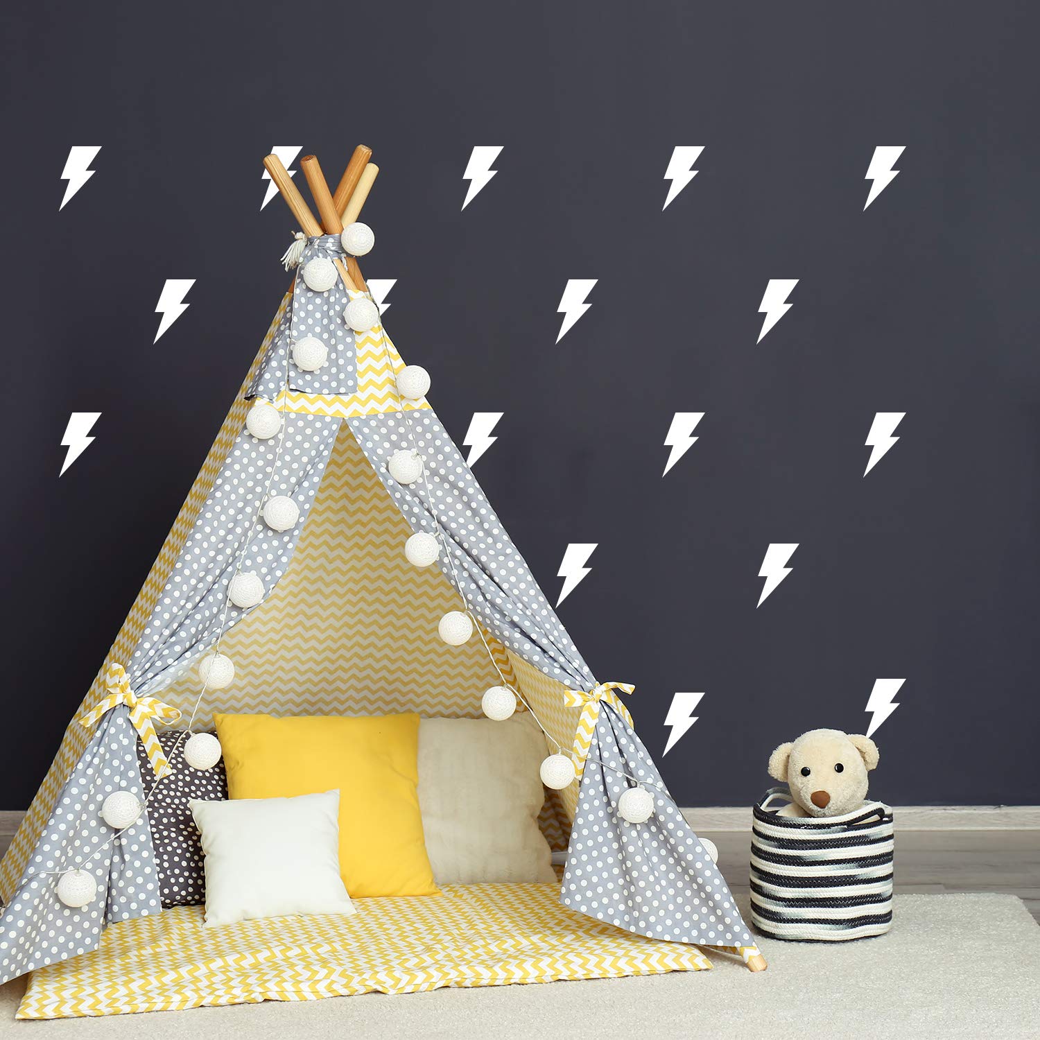 Set of 35 Vinyl Wall Art Decal - Lightning Bolt Pattern - from 4" x 2.5" Each - Trendy Adhesive Sticker Geometric Design for Kids Room Nursery Playroom Bedroom Bathroom Classroom Decor (White)
