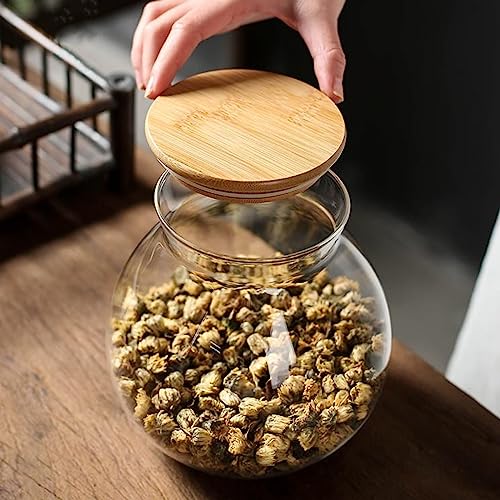 Aurfedes Set of 2 round glass jars with Bamboo lid β 17oz wedding candy jar kitchen Storage jar, perfect for tea, biscuits, cereals, flour, beans, spices, coffee beans etc (2PCS)