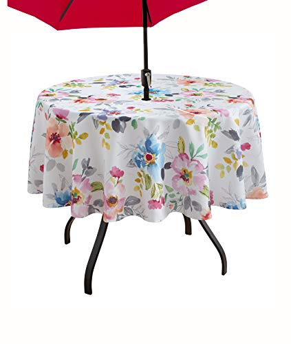 Benson Mills Spillproof Floral Spring/Summer Fabric Outdoor Tablecloth with Umbrella Hole, Zippered Table Cloth for Round Tables, Picnic/Patio (Harper, 70" Round with Umbrella Hole)