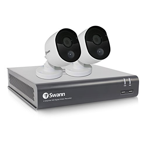 Swann Home Security Camera System, 4 Channel 2 Bullet Cameras, 1080p HD DVR, Indoor/Outdoor Wired Surveillance CCTV, Night Vision, Heat & Motion Sensing, Alexa + Google, 1TB Hard Drive, SWDVK-445802V