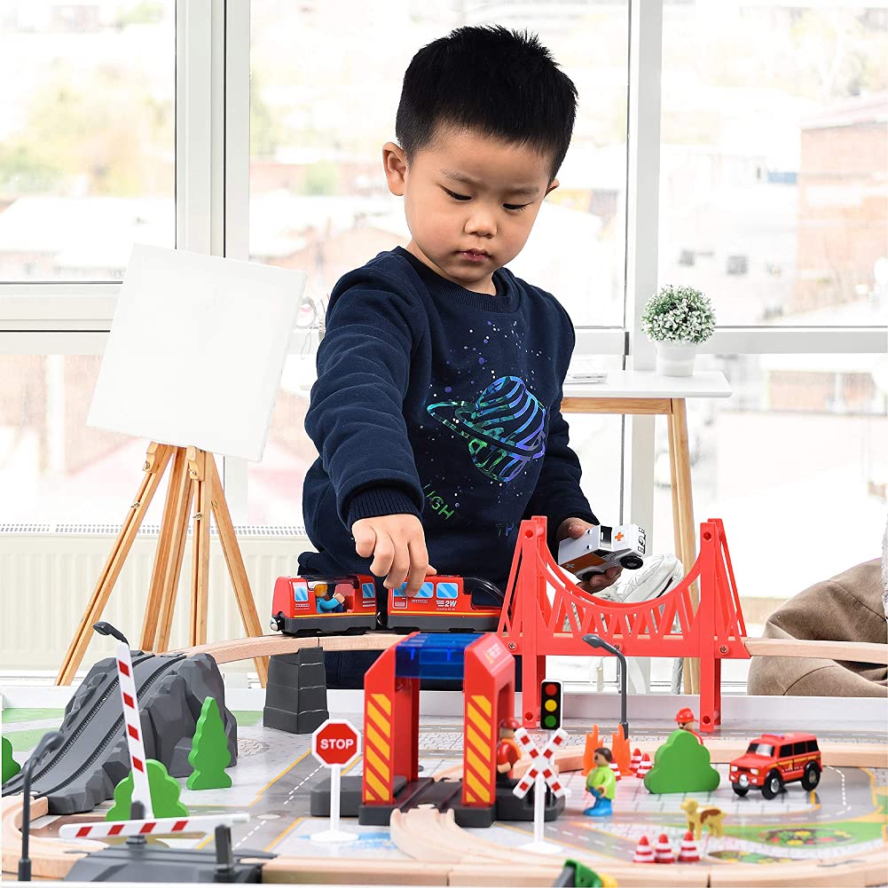 Battery Operated Train Set for Wooden Train Track (w/Sound & Magnetic Connection), Powerful Engine Red Action Locomotive Train Set Compatible with Thomas, Brio, Chuggington - Train Toys for Toddlers