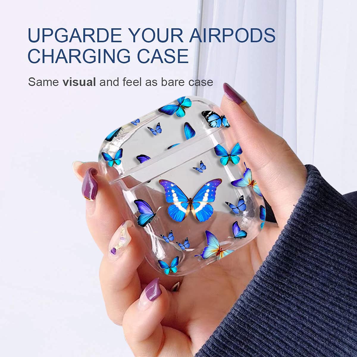Maxjoy for AirPods Case Cover, Clear AirPod Case for Women Girly Cute Soft Protective Transparent iPod Case with Keychain Clip for AirPods 2nd 1st Generation Charging Case 2&1, Blue Butterfly