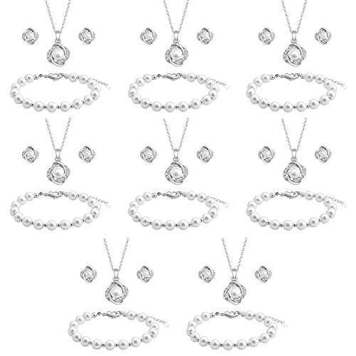 Bridesmaid Jewelry Set for Women Girls,8 Sets Silver Plated Love Knot Pendant with Pearl Necklace Earrings Bracelet Set,Bridesmaid Gift for Wedding/Proposal/Party/Anniversary