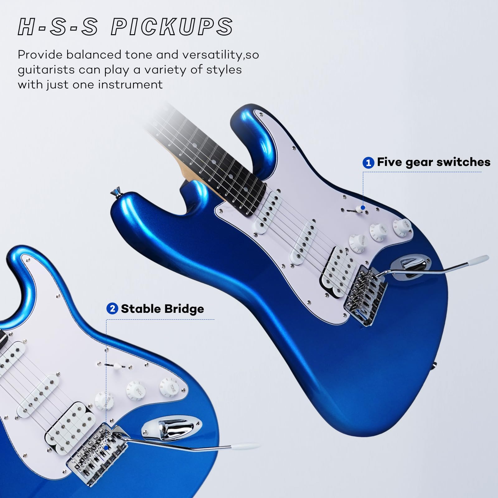 39” Professional Solid Body Electric Guitar Kit, Right Guitar Electric, HSS Pickup with Coil Split, Amp, Straps, 4*Guitar Picks, 6*String Set, Tuner, Cable, Electric Guitar Bag