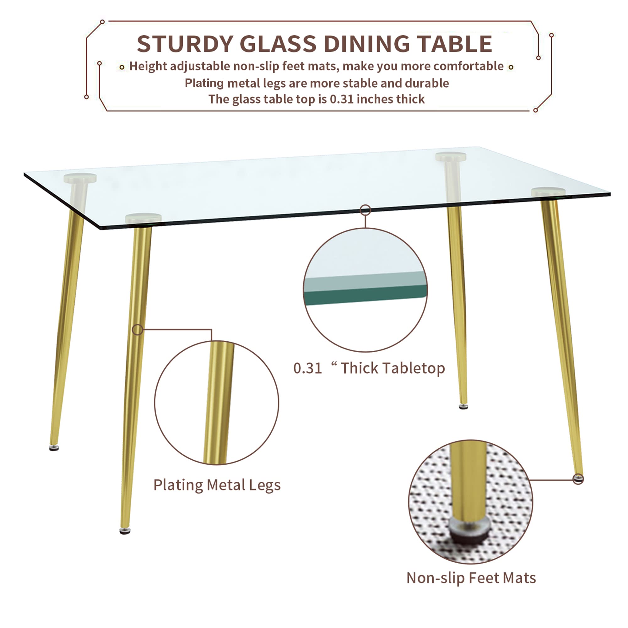 51 inch Glass Dining Table Set for 4, Dining Table & Chair Sets with Gold Plating Legs for Kitchen, Modern Rectangle Tempered Glass Table Top and Transparent Plastic Dining Chair for Dining Room