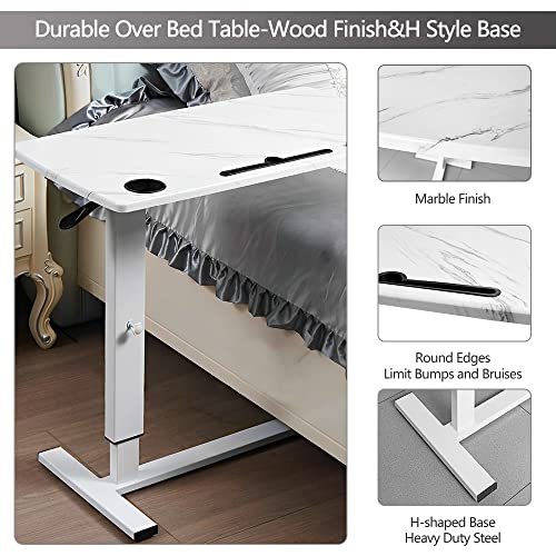 BeGyoku Overbed Table,Hospital Bed Table,Pneumatic Bed Tables Adjustable Over The Bed with Hidden Wheels&USB Port,Mobile Laptop Table Cart and Rolling Bedside Table with Tray Hospital Home Use-White