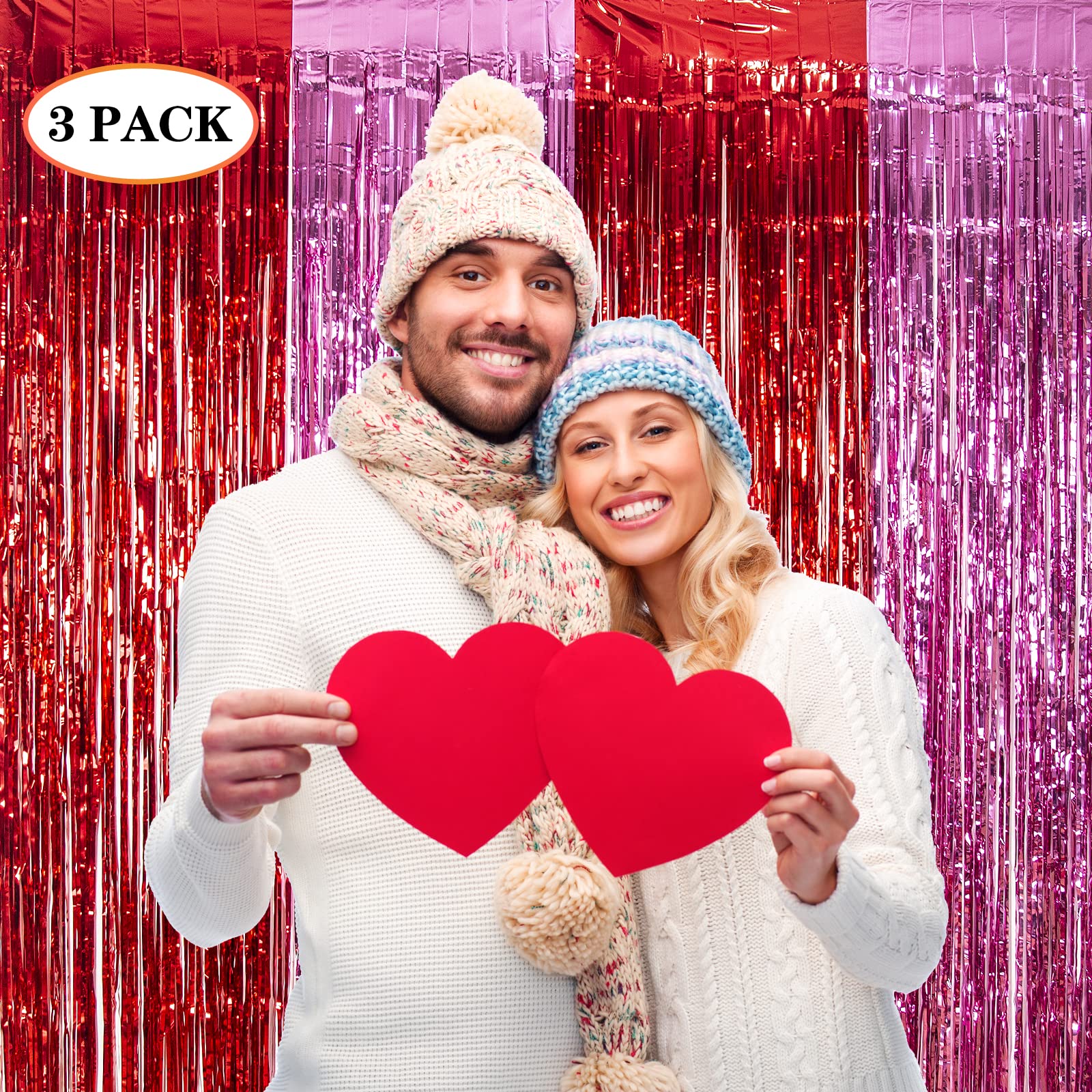 LOLStar 3 Pack Valentines Foil Fringe Curtains Valentine's Day Party Decorations 3.3X6.6 ft Red Pink Tinsel Material Curtain Photo Backdrop Streamer Backdrop for Valentines Day Decor Birthday Wedding
