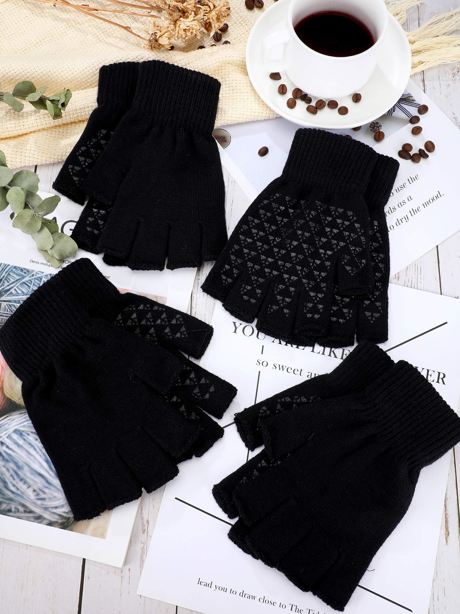 4 Pairs Unisex Winter Half Finger Knit Gloves Stretchy Non-Slip Winter Warm Knitted Fingerless Gloves (Black)