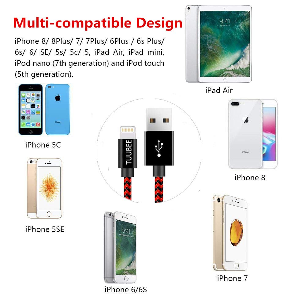 iPhone Charging Cable, 3 Pack 10FT TUUBEE Durable iPhone Charger Cable Nylon Braided Lightning Cord Fast Charging & Syncing iPhone Chargers Compatible iPhone XS/Max/XR/X/8P/8/7/6/iPad(Red&Black)