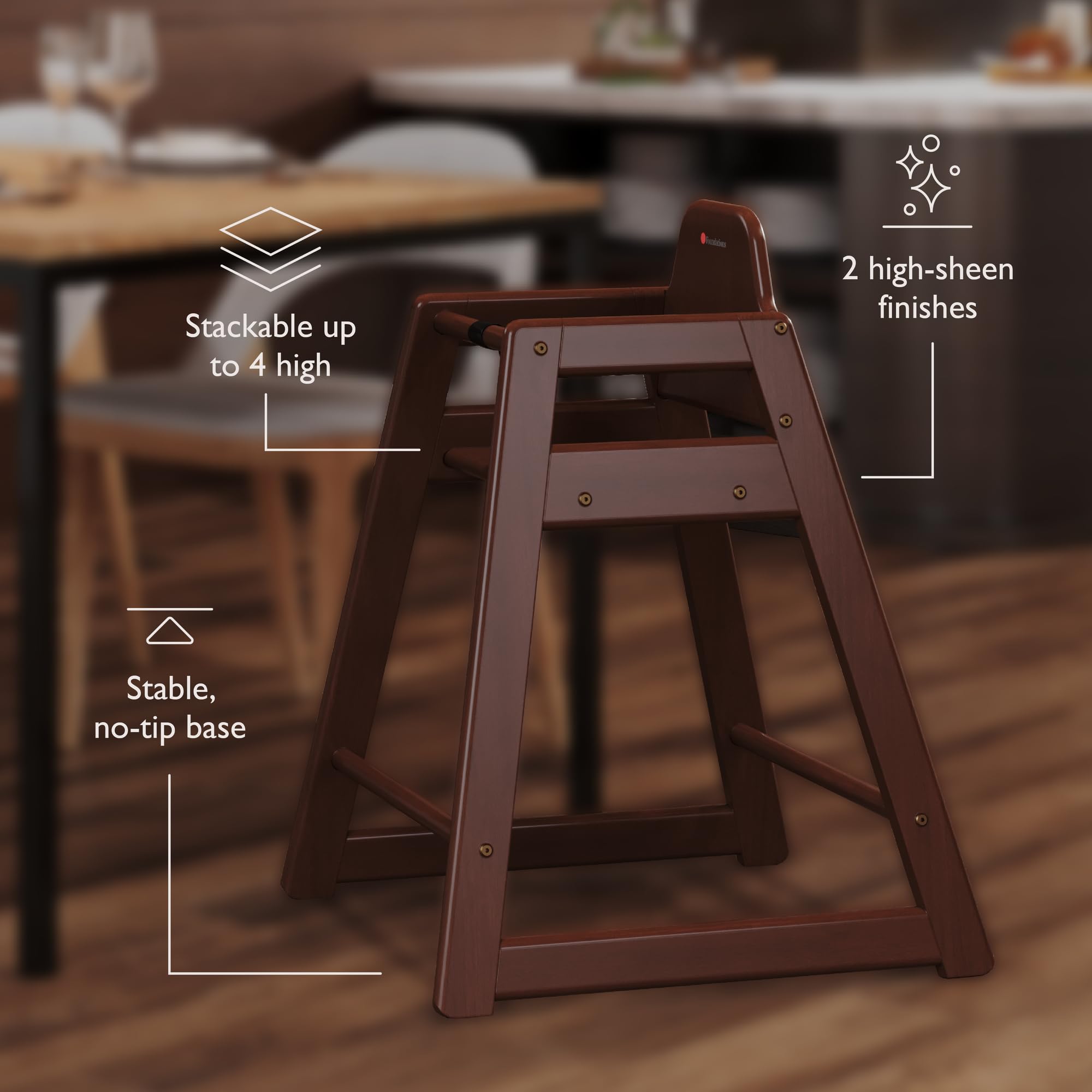 Foundations Neat Seat Wood Highchair for Restaurants, Easy to Clean, “No-tip” Feet, 3-point Safety Harness, Durable Hardwood, Small Footprint, Stackable (Antique Cherry)