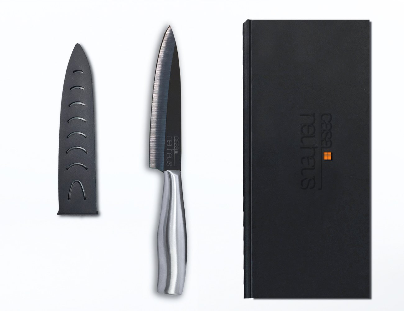 Casa Neuhaus Black Series Utility Set Ceramic Knives - 3 inch Paring Knife & 5 inch Utility Knife - Black Ceramic Blade & Stainless Steel Handle - Includes Knife Sheath and Black Series Gift Box