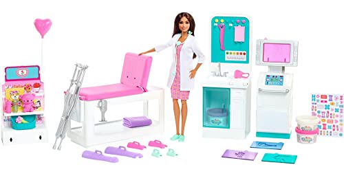 Barbie Fast Cast Clinic Doll & Playset, Brunette Doctor Doll, Furniture & 30+ Accessories Including Molds & Dough for Bandages