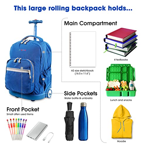 J World New York Sunrise Kids Rolling Backpack for Girls Boys Teen. Roller Bookbag with Wheels, Indigo, 18"