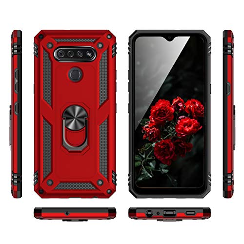 TJS Compatible with LG K51 Case, LG Q51 Case, LG Reflect Case, with [Tempered Glass Screen Protector][Defender][Metal Ring][Magnetic Support] Kickstand Heavy Duty Drop Protector Phone Case (Red)