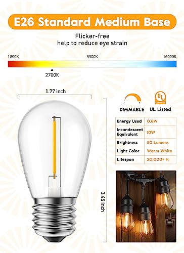 Brightown 25 Pack LED S14 Replacement Light Bulbs, Shatterproof E26 Medium Base Edison Vintage Bulbs Equivalent to 11 W, Fits for Commercial Outdoor Patio Garden Vintage Lights, 2700K, Warm White