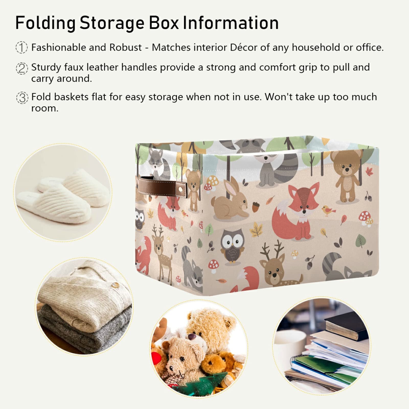 ALAZA Rectangular Storage Bins with Handles,Collapsible (Cute Woodland Forest Animals Deer Rabbit Bear Fox Raccoon Bird Owl) Laundry Hamper Storage Box for Toy Bins,Gift Baskets Bedroom,Clothes,1