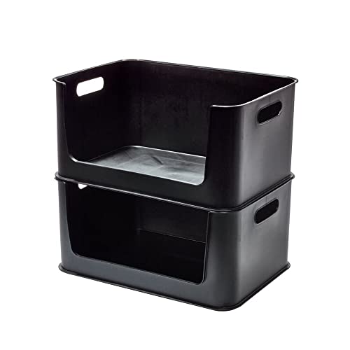 iDesign Recycled Plastic Large Open Front Handles, Set of 2 β Stackable Bins for Garage Organization and Storage, 11.9β x 16.9β x 8β, Matte Black