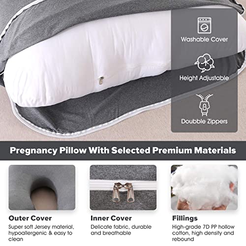 Elover Pregnancy Pillows for Sleeping,U Shaped Full Body Pillow for Pregnancy Women with Removable Jersey Cotton Cover,57 Inch Maternity Pillow(Jersey,Dark Grey)