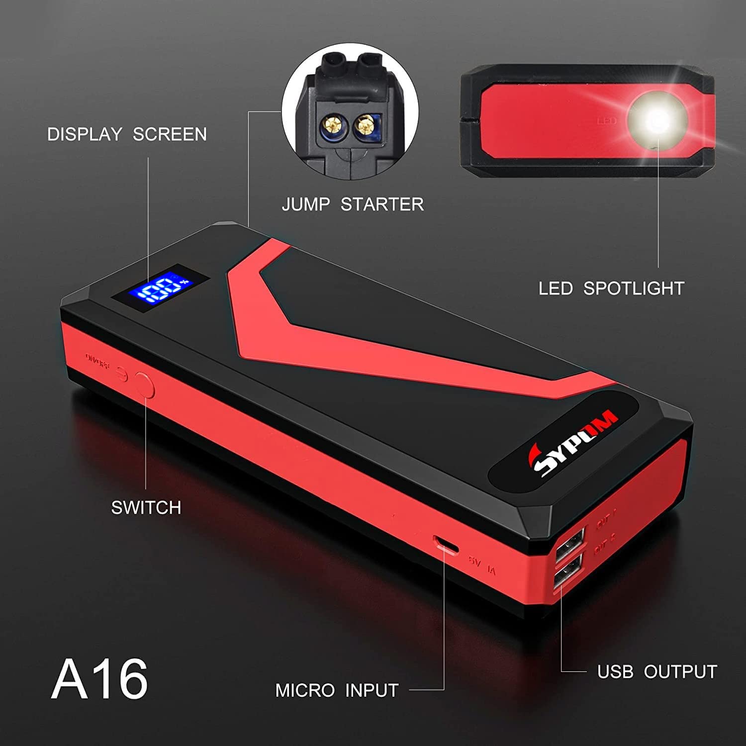SYPOM 4150A Peak Jump Starter Battery Pack - 12V Jump Box for All Gas/Up to 12L Diesel - Dual USB Power Bank, Emergency Light (Red)