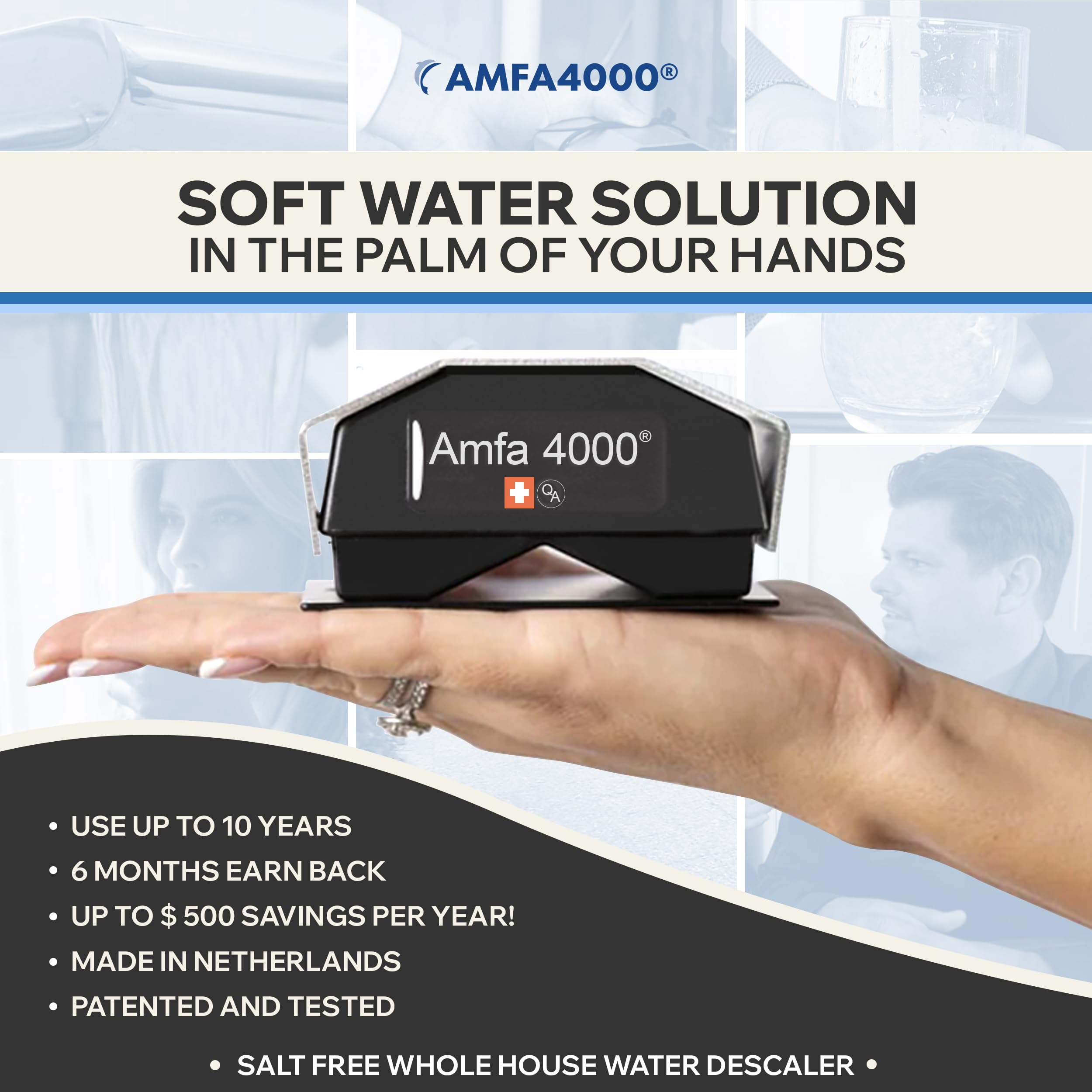 Amfa4000® Whole House Water Softener System - Salt Free Water Descaler for Whole House, Compact Water Softener, Magnetic Soft Water System, Portable Water Softner System