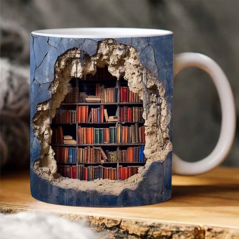 3D Bookshelf Mug,Coffee Cups,3D Bookshelves Hole In A Wall Mug,Creative Space Design Multi-Purpose Mugs,A Library Shelf Cup,Coffee Mugs for Library Office,Book Lovers Coffee Mug,A Gift for Readers