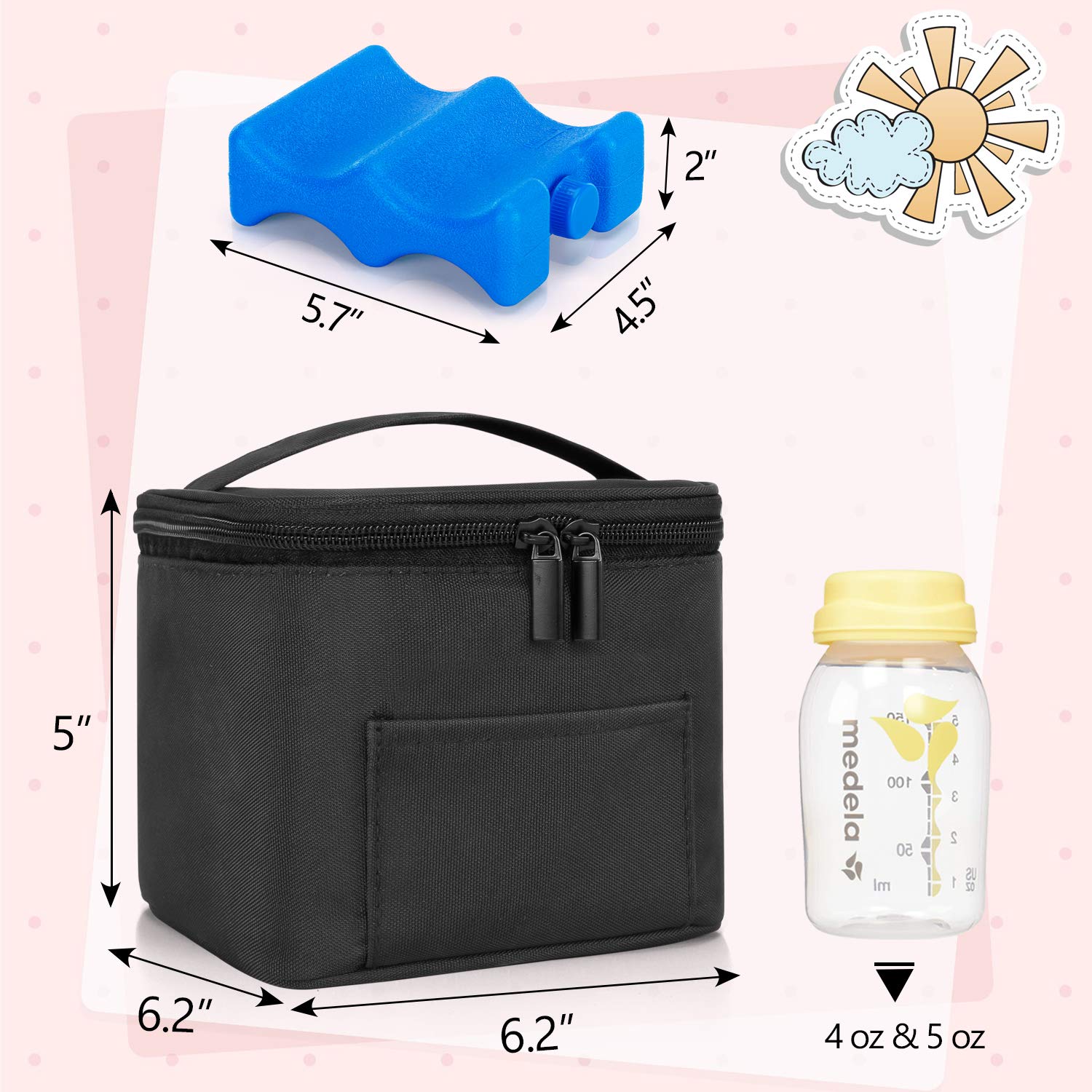 Teamoy Breastmilk Cooler Bag with Ice Pack, Baby Bottles Bag for up to 4 Large 5 Ounce Bottles Without Nipple, Perfect for Working Mom Mother, Black