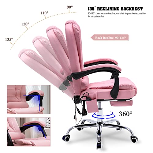 Belandi Massage Office Chair, Ergonomic Executive Computer Chair w/Foot Rest, PU Leather Executive Office Chair w/Heated, Padded Armrest, High Back Swivel Recliner for Office Home Study (Pink)