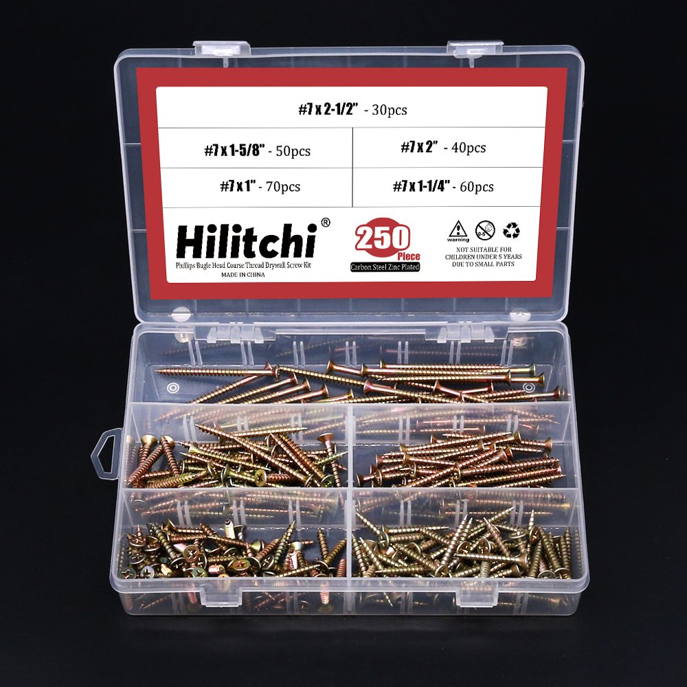 Hilitchi 250-Pcs #7 Phillips Bugle Head Coarse Thread Drywall Screw Assortment Kit, Carbon Steel Zinc Plated, Ideal Screw for Drywall Sheetrock, Wood, and More
