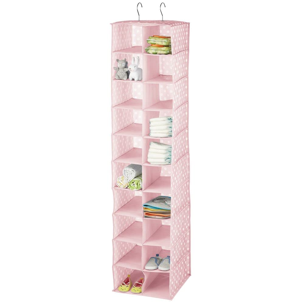 mDesign Soft Fabric Over Closet Rod Hanging Storage Organizer with 20 Shelves for Baby Room or Nursery - Tiered Hanging Organizers - Polka Dot Print - Pink/White
