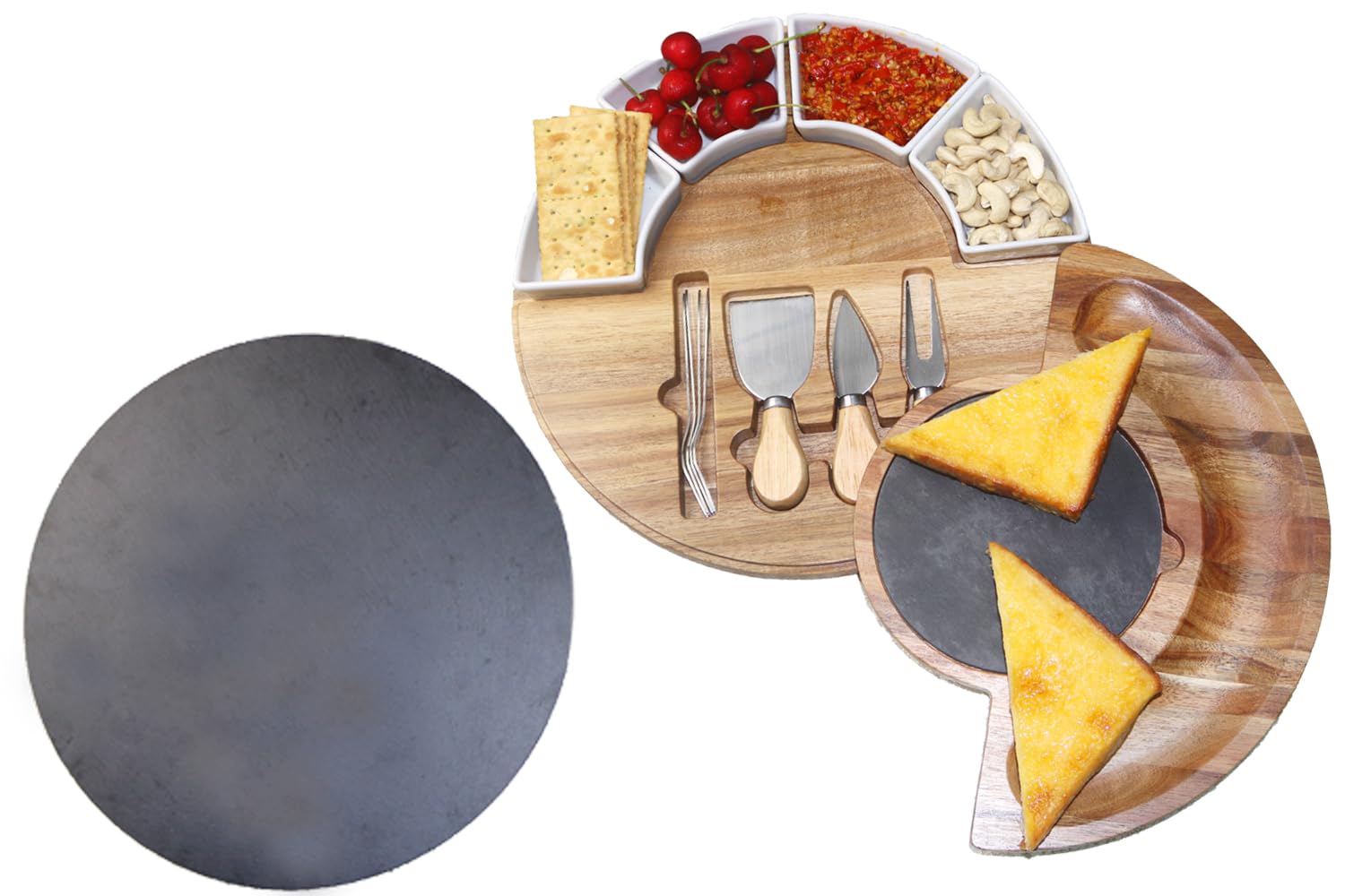 Acacia Wood Cheese Cutting Board Set - Charcuterie Board Set and Cheese Serving Platter with Utensil Set and Ceramic Bowls Slate Cheese Boards Perfect Meat/Cheese Board and Knife Set for Entertain