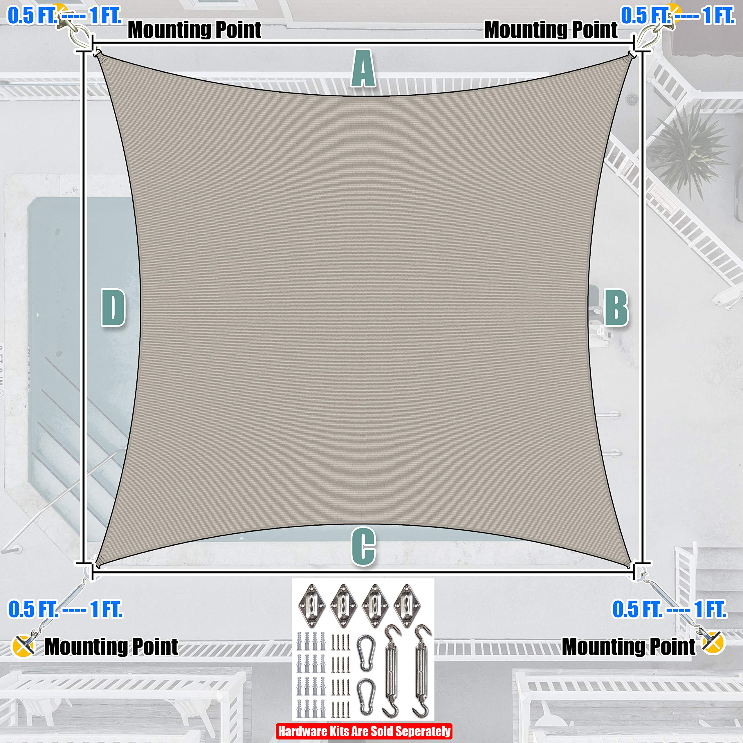 Amgo 16' x 20' Grey Rectangle Sun Shade Sail Canopy Awning UPF50+ AGTAPR1620, 95% UV Blockage, Water & Air Permeable, Commercial and Residential, 3 Years Warranty (We Make Custom Size)