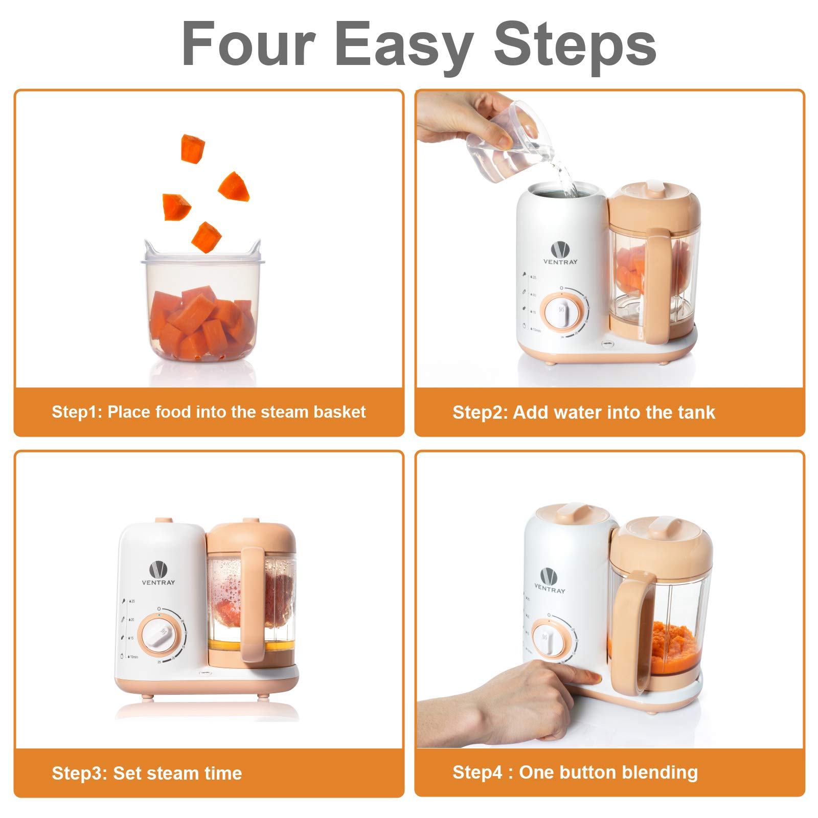 Ventray Baby Food Maker, Puree Food Processor Steamer Blender Cooker Warmer Machine for Toddlers Baby, All-in-one Auto Cooking Easy Clean and BPA-Free - Peach