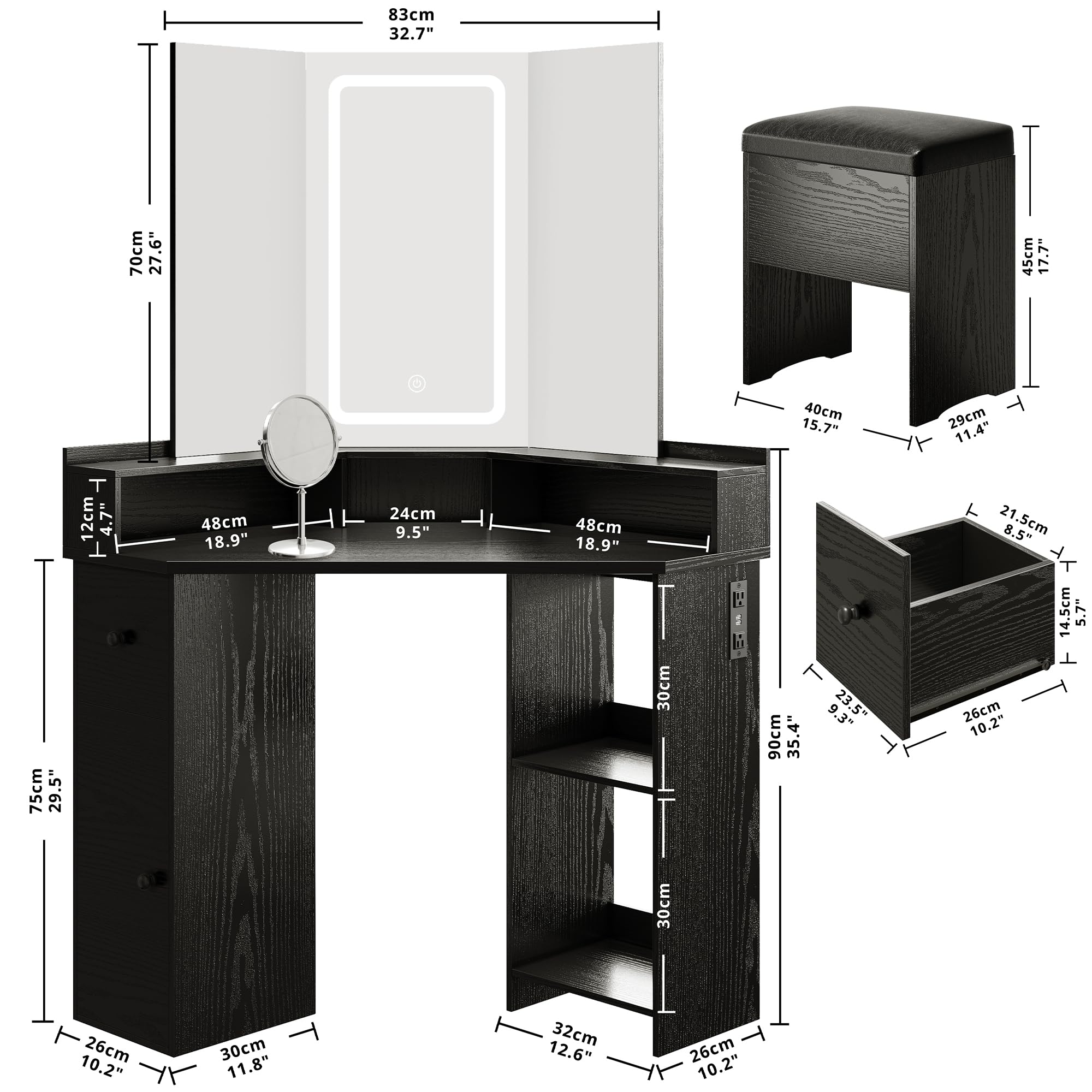 IRONCK Corner Vanity Desk Set with 3-Folding Lighted Mirrors, Makeup Vanity Table with Charging Station, 7 Storage Shelves and Storage Bench for Bedroom, Black
