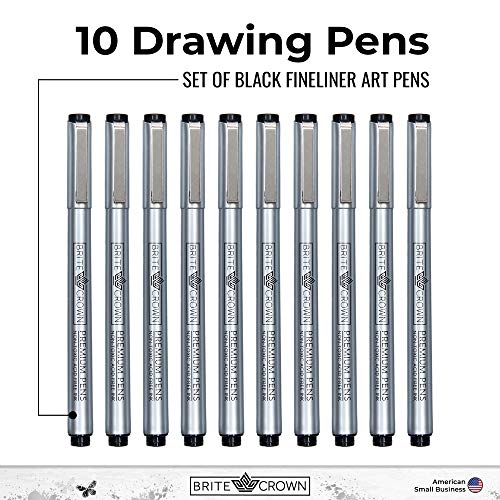 Brite Crown Drawing And Sketching Pens Set - 10 Black Fineliner Pens 0.2mm To 1.0mm Width Tips & 2.5mm Micro Calligraphy Brush-tip Pen, Ideal Gift Idea For Artists And Beginners